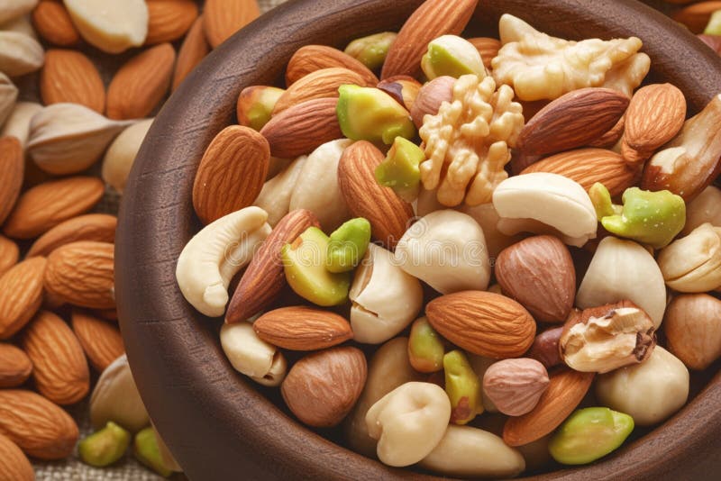 Texture of Nuts Assorted Nuts in a Wooden Cup, Macro Stock Illustration ...