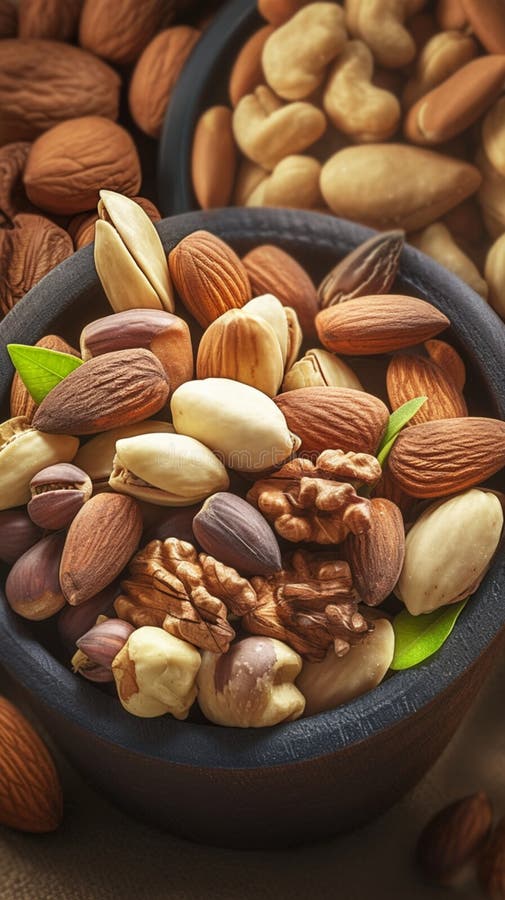 Texture of Nuts Assorted Nuts in a Wooden Cup, Macro Stock Illustration ...