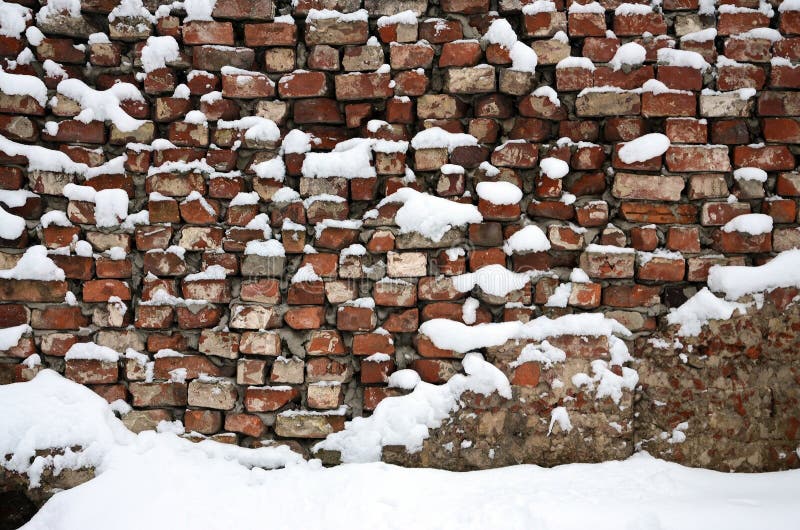 The Texture of the Old Brick Wall, Covered with a Thick Layer of Snow ...