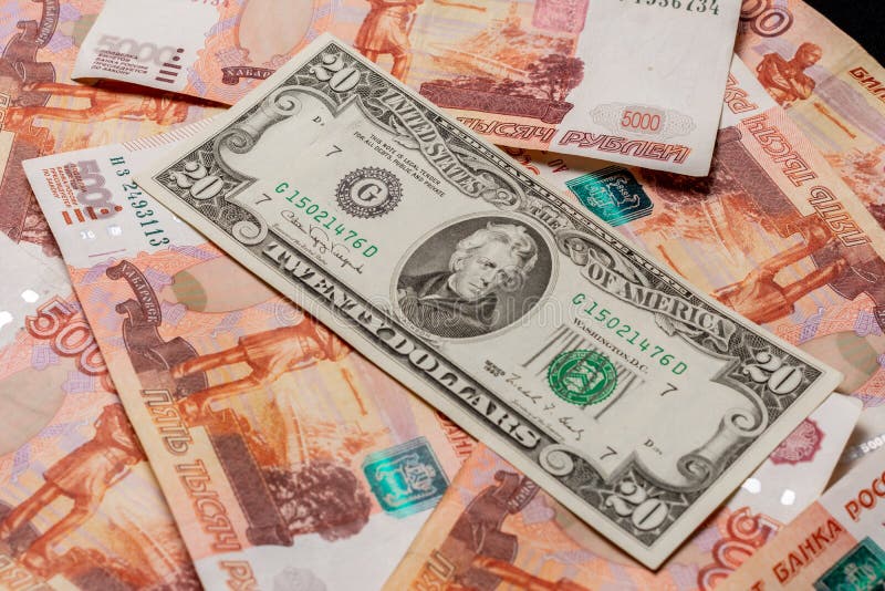 Texture of Paper Notes in the Face Value of 5000 Rubles and 20 Dollars ...