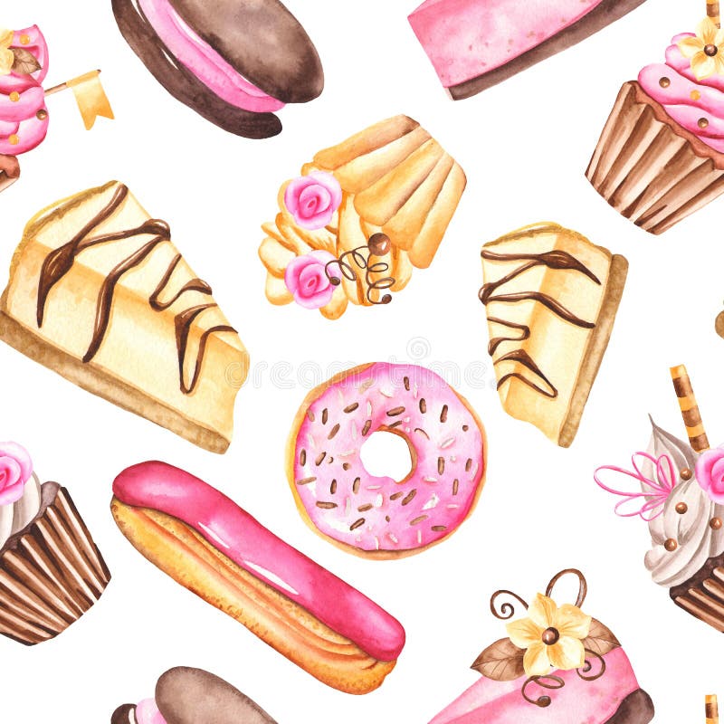 Watercolor Seamless Pattern with Sweets. Stock Illustration ...