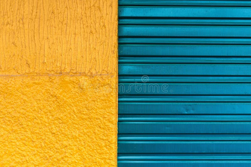 Texture Pattern of Cyan Iron Door of Closed Store and Yellow Wal Stock ...