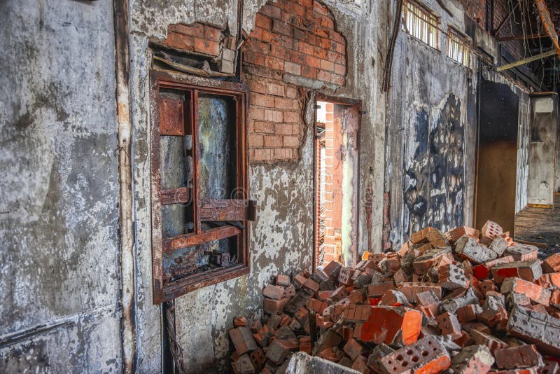 Burned wall in a warehouse stock image. Image of brickwork - 174234199