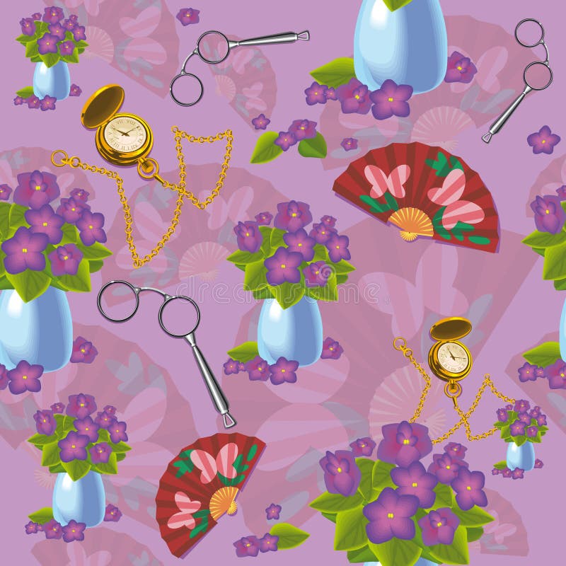 Texture Retro with Violets, Pocket Watch and Lorgnette Stock Vector ...