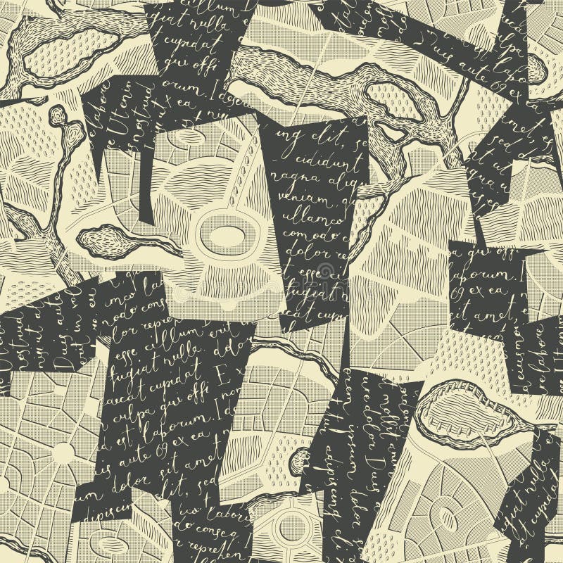 Seamless Pattern with Collage of Handwritten Text and Pieces of Maps ...
