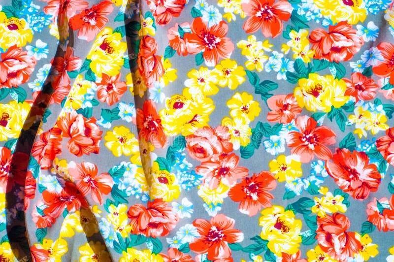Texture Silk Cloth. Yellow Red Flowers Painted on Cloth Stock Image ...