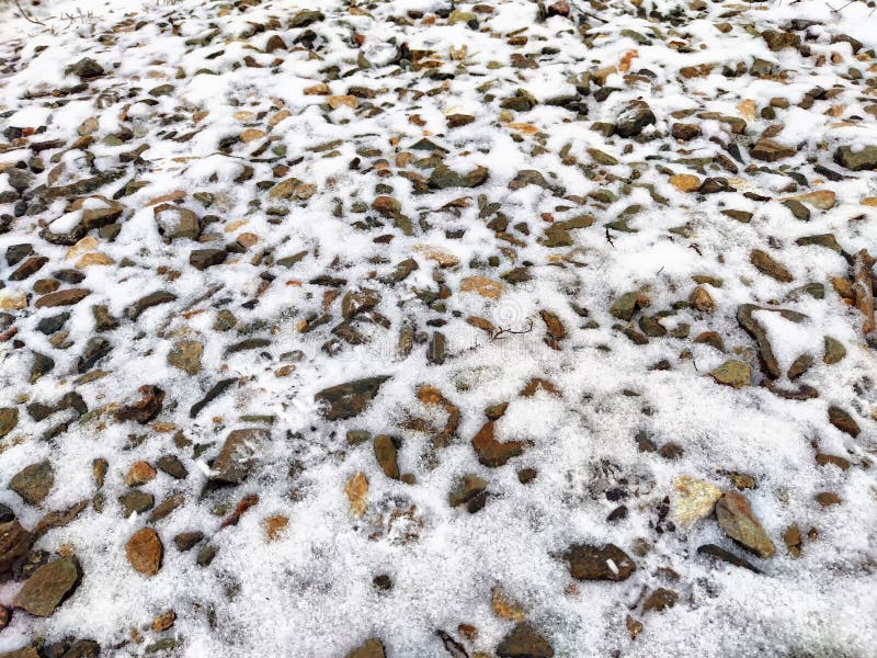 Texture of Small Stones with Snow. Background of Pebbles and Ice Stock ...