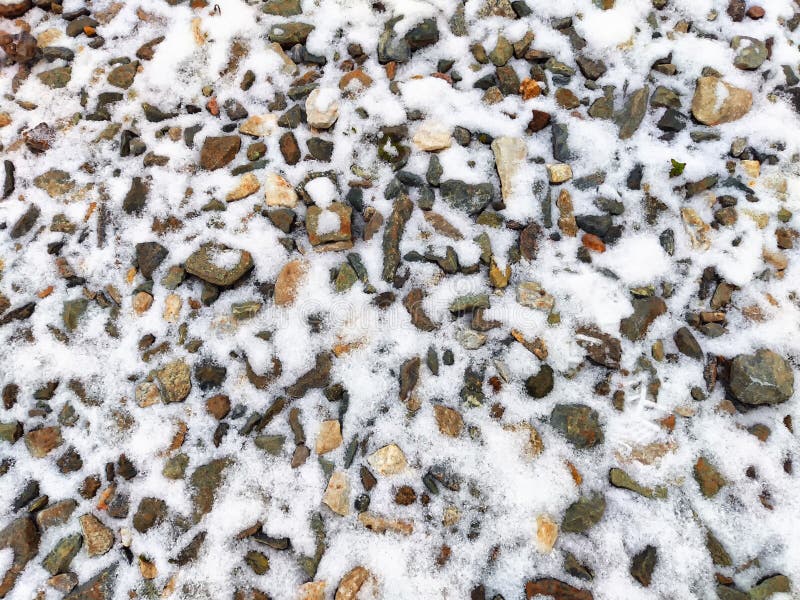 Texture of Small Stones with Snow. Background of Pebbles and Ice Stock ...