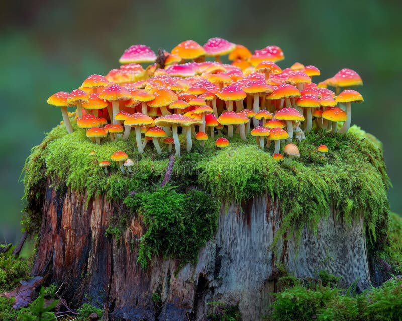 Colorful Mushrooms and Moss on Tree Stump Creating Vibrant Texture ...
