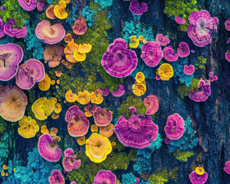 Colorful Mushrooms and Moss on Tree Stump Creating Vibrant Texture ...