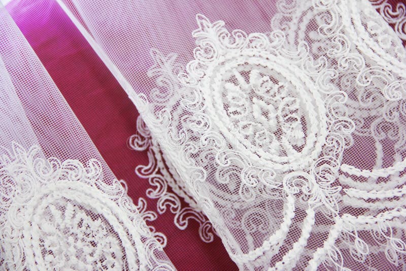 Texture of White Decorative Lace Fabric with Floral Ornament on Pink ...