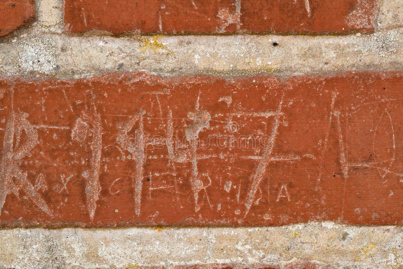 Texture, Writing and Scratch on Brick Wall of Building in City for ...