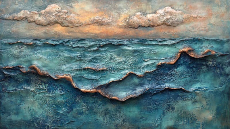 Textured Abstract Painting Depicting Ocean Waves and Sky Stock ...