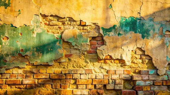 Textured Aged Brick Wall with Flaking Plaster and Green Accents ...