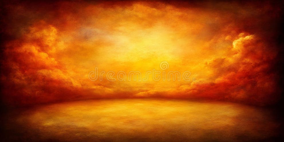Dramatic Orange Yellow Sky Casting Intense Light Over Barren Landscape ...