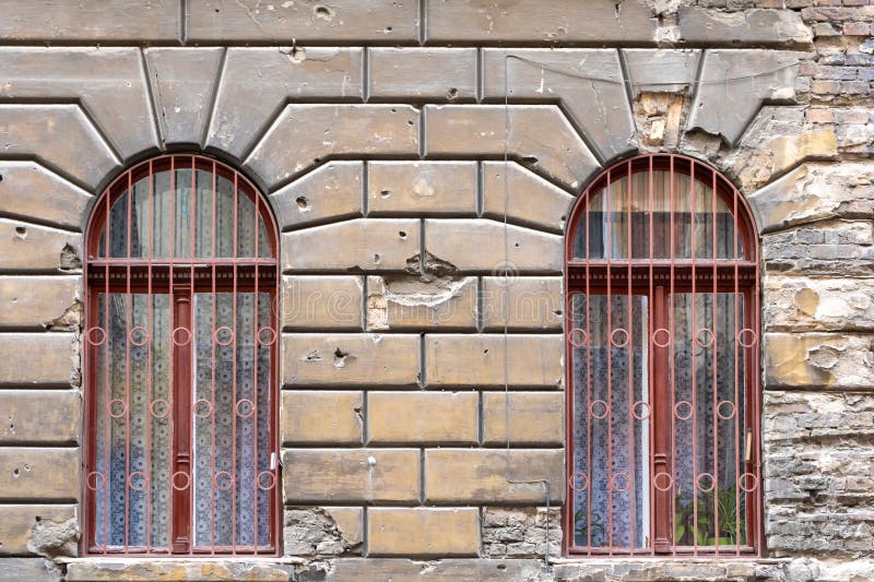 Textured Background of Old Brickwork with Bullet and Shell Marks from ...