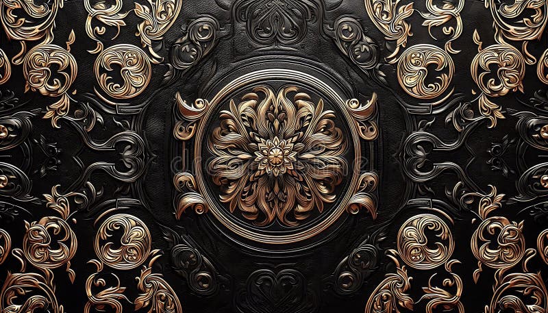 Textured Black Leather with Embossed Gold Patterns Background Copy ...