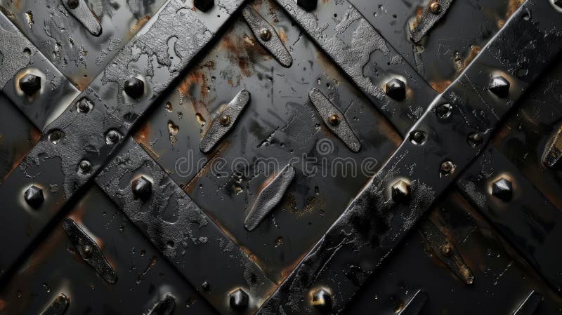 Textured Black Metal Surface with Rivets and Water Droplets in ...