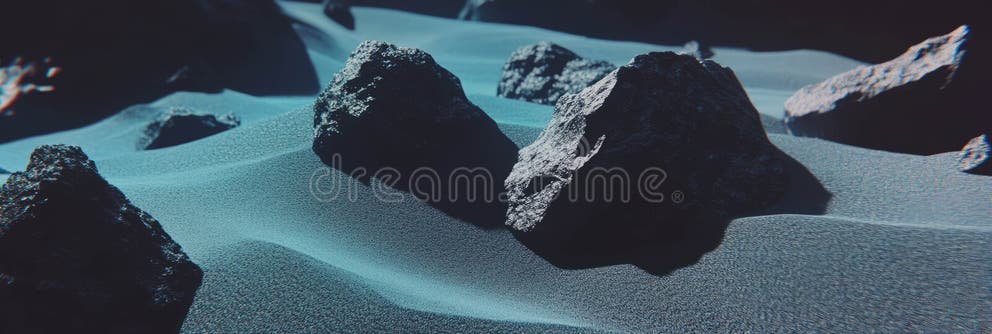 Textured Black Sand Landscape with Coarse Basalt Fragments and Deep ...