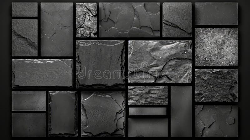 Textured Black Stone Tiles Arranged in a Collage on a Dark Background ...