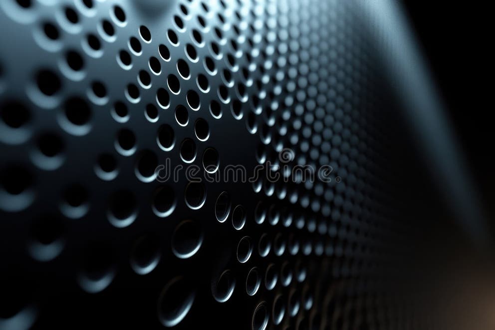 Close-up of a Textured Black Surface with Circular Perforations Reflecting Light in a Dark ...