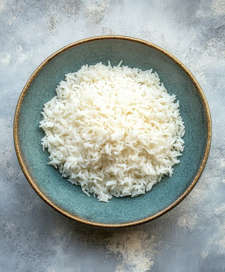 Cooked White Rice Served in a Textured Blue Bowl for a Meal Stock ...