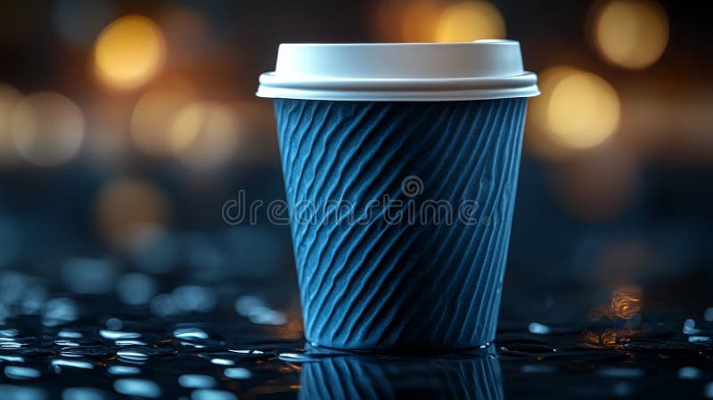 Coffee Cup with Textured Design Resting on Reflective Surface in ...