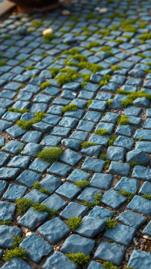 Textured Blue Pavement Interspersed with Small Patches of Green Grass ...