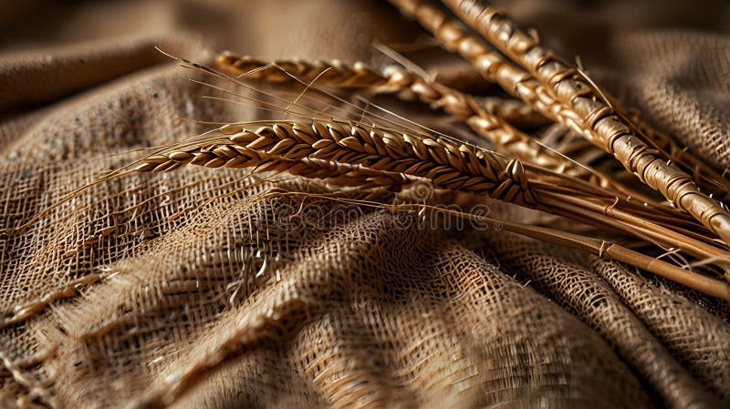 A Textured Burlap Fabric with Wheat Stalks and Grains Stock ...
