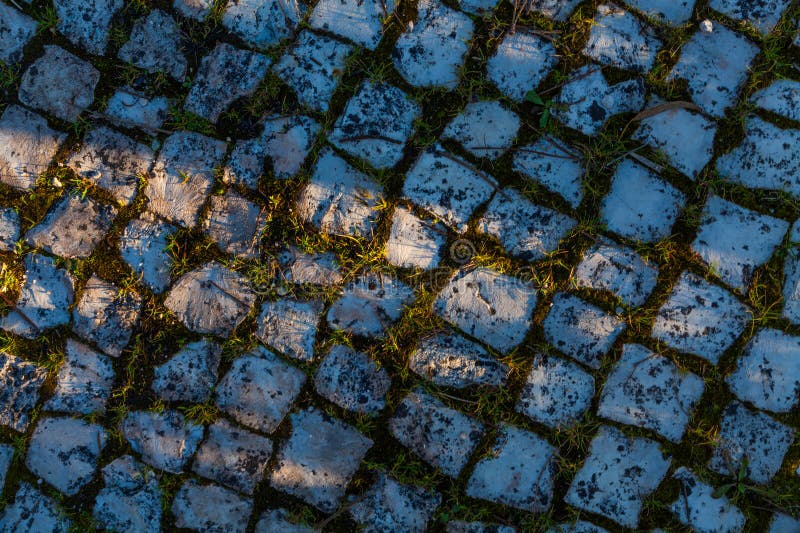 A Textured Cobblestone Road Surface, with Tufts of Grass Growing ...