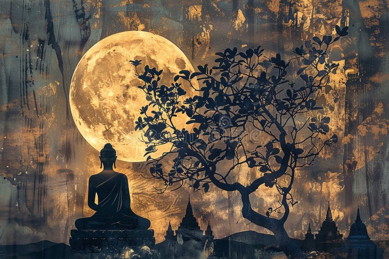 Golden Moon Over Buddha Silhouette Stock Image - Image of meditation ...