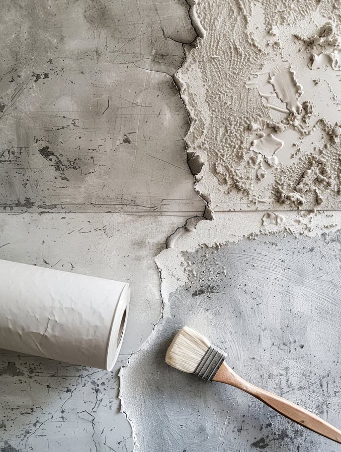 A Textured Concrete Surface Features a Brush and Rolled Paper ...