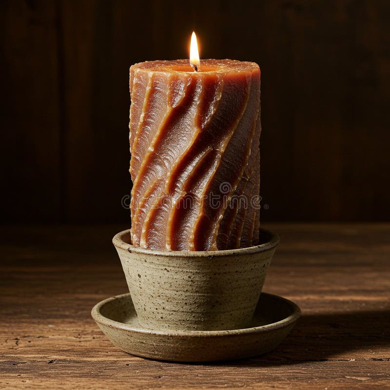 A Textured, Cylindrical Brown Candle with a Lit Flame Sits in a Rustic ...