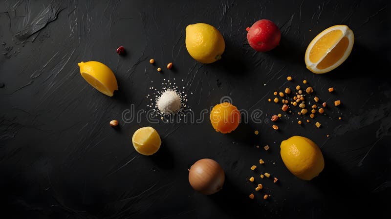 A Textured Dark Slate Surface with Scattered Food Ingredients Stock ...