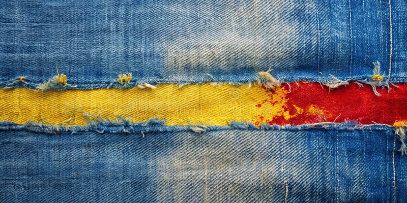 Textured Denim Fabric with Yellow and Red Patches. Generative AI Stock ...