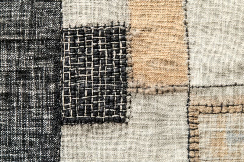 Textured Fabric Patchwork in Neutral Shades with Woven Details Close-Up ...