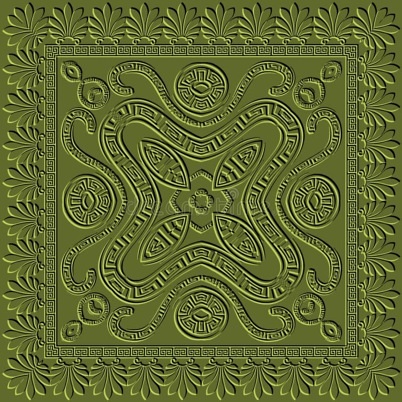 Textured Floral Green Seamless Pattern with Square Frame. Greek Emboss ...