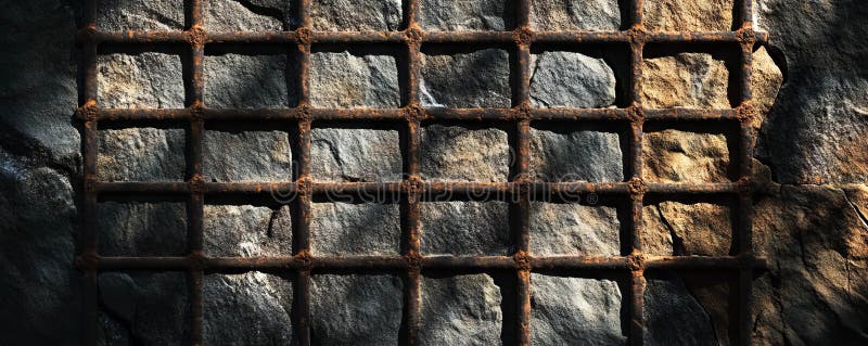 Textured Forged Metal Grid on Rustic Stone Wall for Industrial Design ...