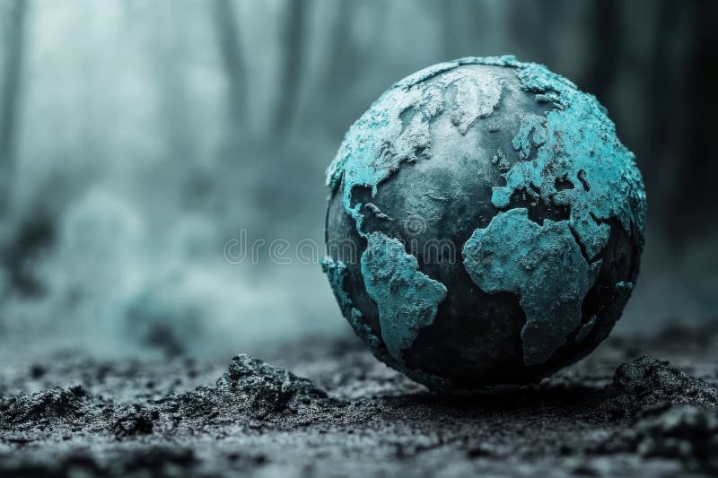 A Textured Globe of Earth Sits on a Rugged Surface in a Misty, Dark ...