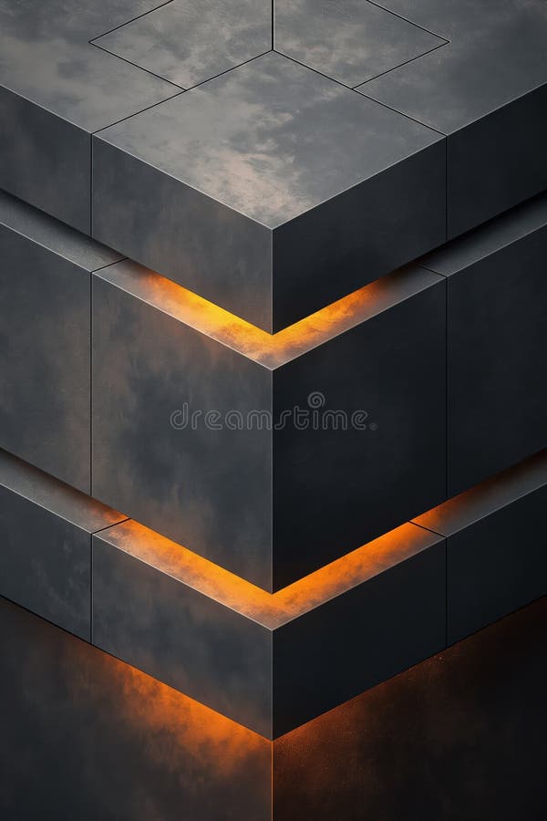 Textured Gray Blocks with Glowing Orange Light Highlighting Edges in an ...