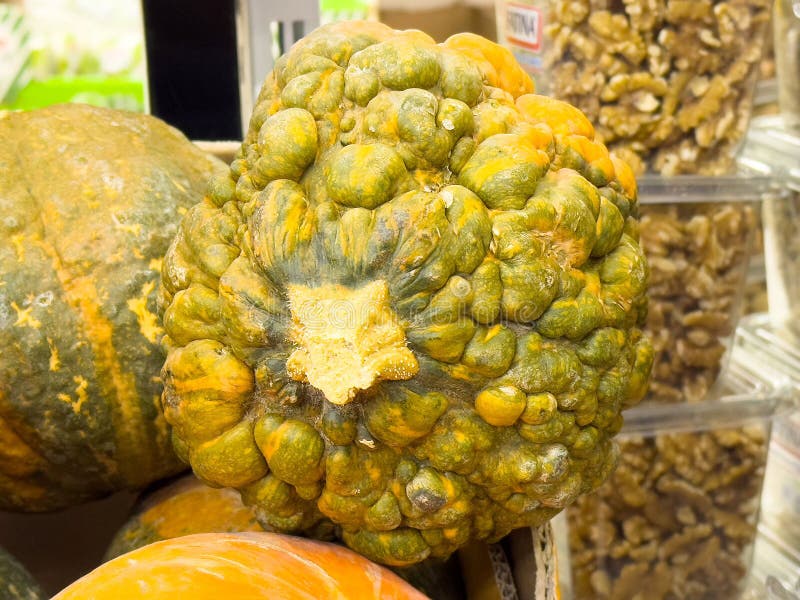 Textured Green and Orange Squash with Bumpy Surface in Market Display ...