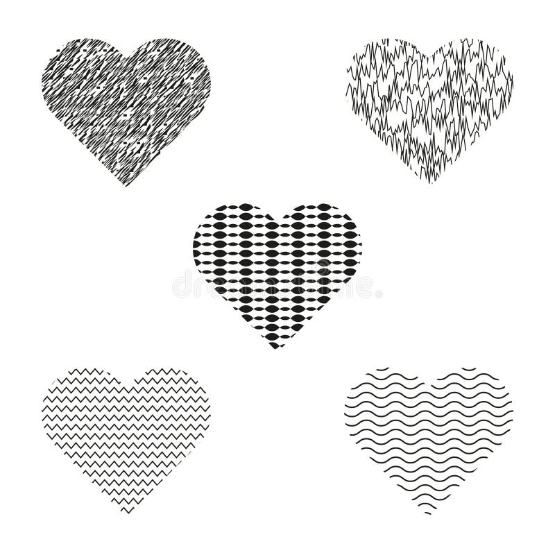 Textured Hearts Set. Abstract Heart Patterns. Vector Black and White ...