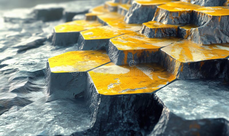 Textured Hexagonal Rock Formations with Vibrant Yellow and Gray ...