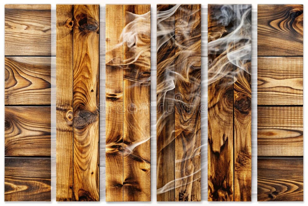 Processed Collage of Smoking Wood Planks Surface Texture. Background ...