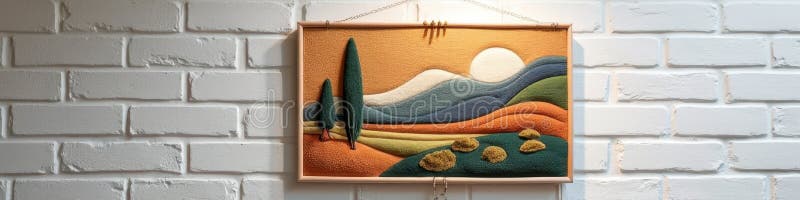 Textured Landscape Artwork on White Brick Wall Stock Image - Image of ...