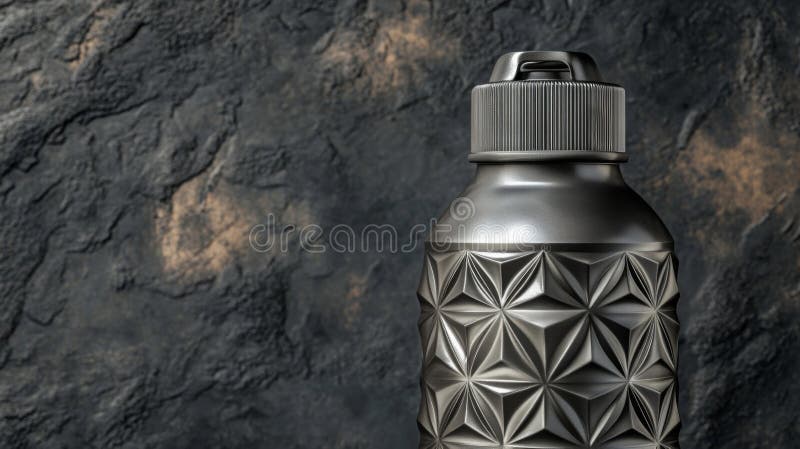 Textured Metal Bottle with Geometric Pattern on Dark Stone Background ...