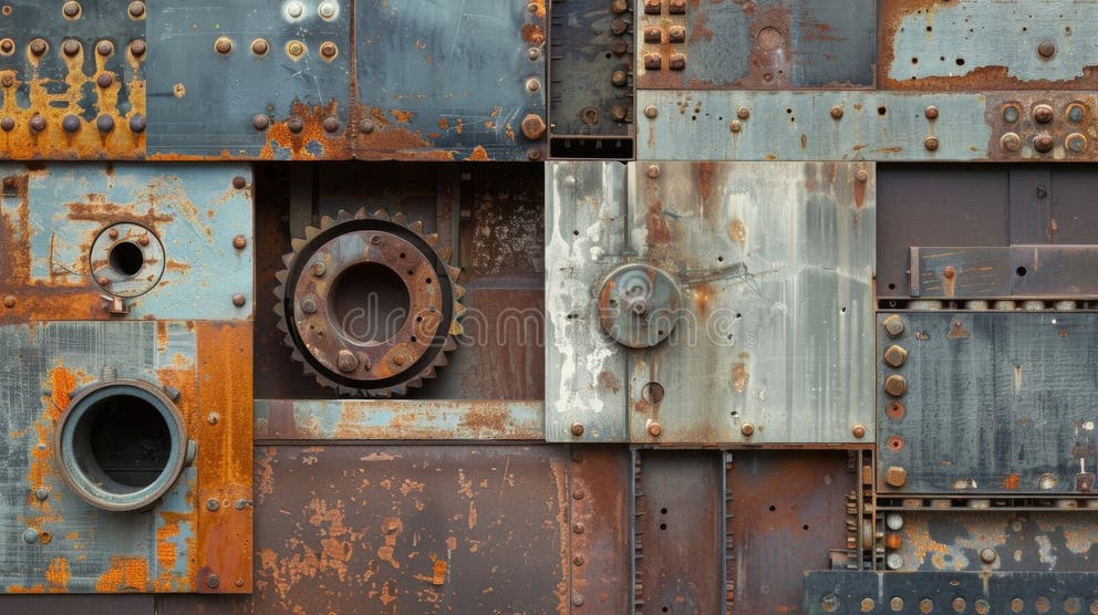 Textured Metal Patchwork Wall with Rust and Rivets Stock Image - Image ...
