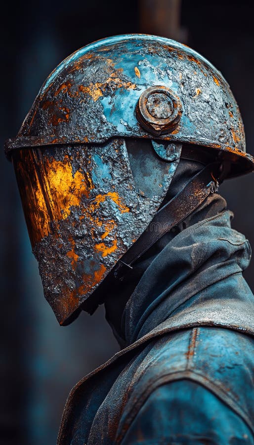 Textured Metal Worker Helmet with Rusty Finish and Dramatic Lighting ...