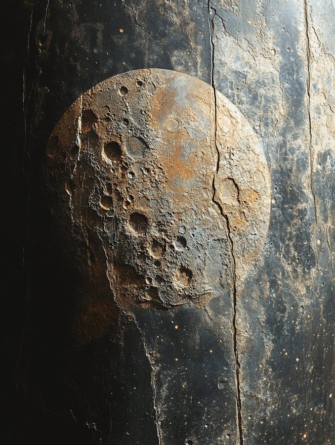 A Textured Moon Carving on a Dark Weathered Surface with Visible Cracks ...