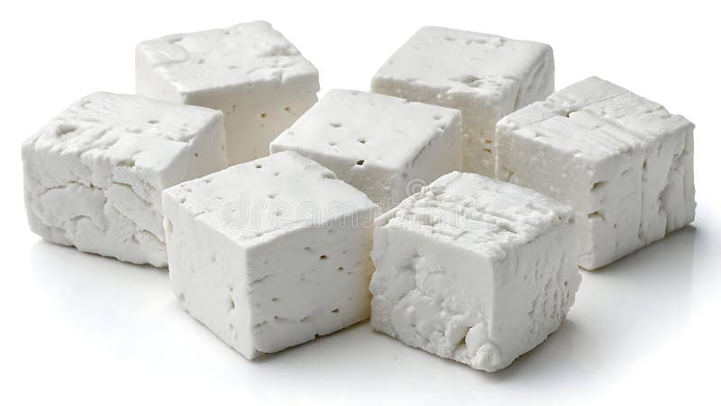 Textured Multiple White Cheese Cubes on White Background Stock ...